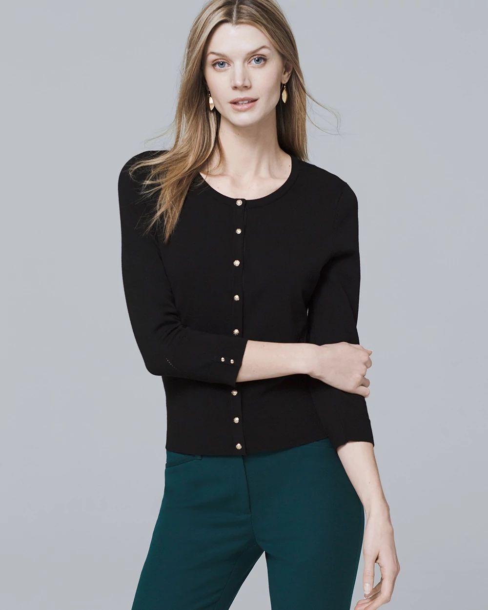 Three Quarter-Sleeve Snap-Front Cardigan | White House Black Market